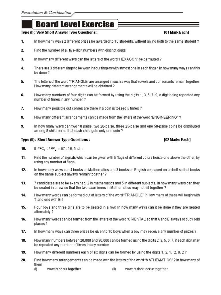 Permutation & Combination: Type (I) : Very Short Answer Type Questions ...