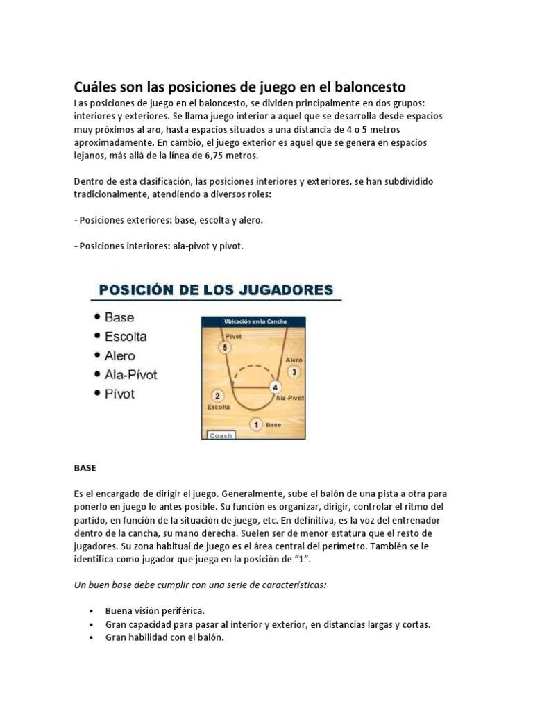 Baloncesto Posiciones de Los Jugadores | Descargar gratis PDF | Juegos ...