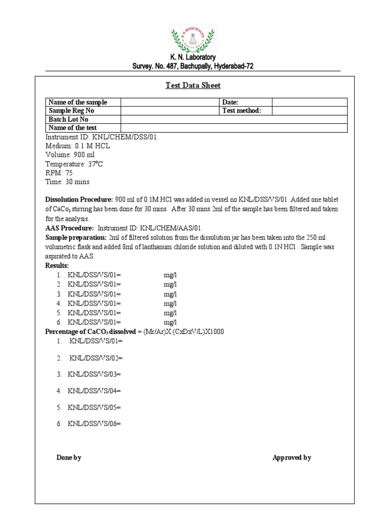 CaCO3 Dissolution Test Data Sheet | PDF