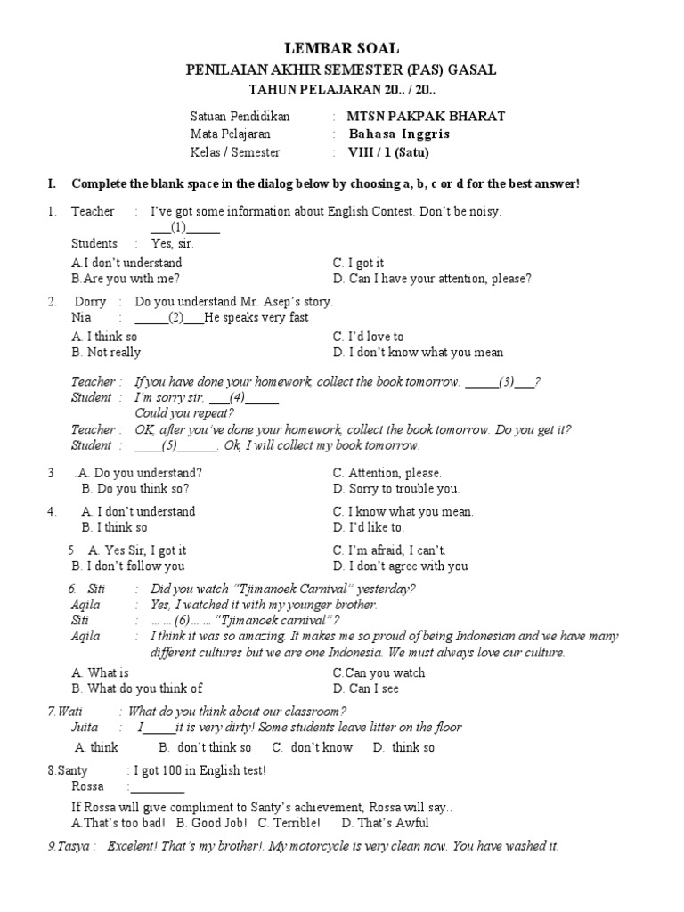 Soal Pas Kelas 8 Ganjil | PDF