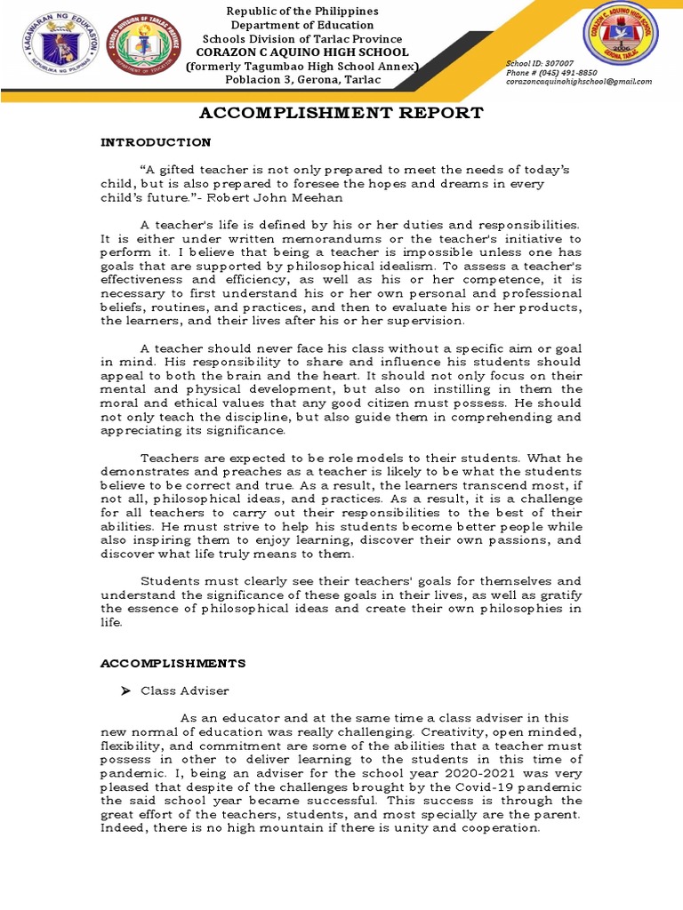 Accomplishment Badet | PDF | Teachers | Corazon Aquino