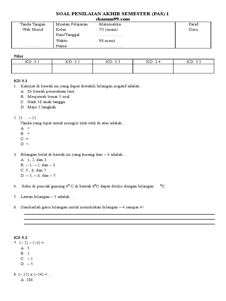 Soal Pas Matematika Kelas 6 Semester 1 | PDF