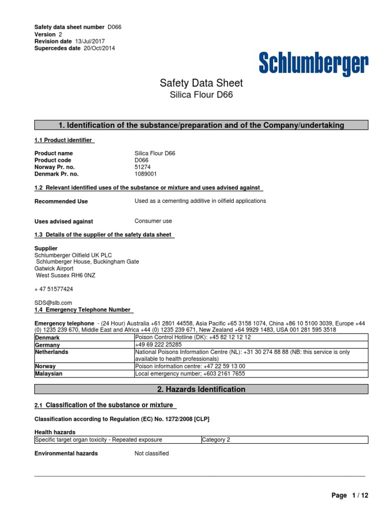 Safety Data Sheet: Silica Flour D66 | PDF | Toxicity | Firefighting