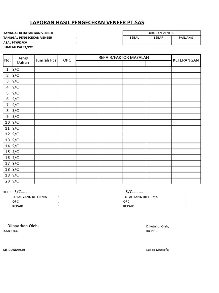 Laporan Pengecekan Veneer PT.SAS | PDF | Sains & Matematika
