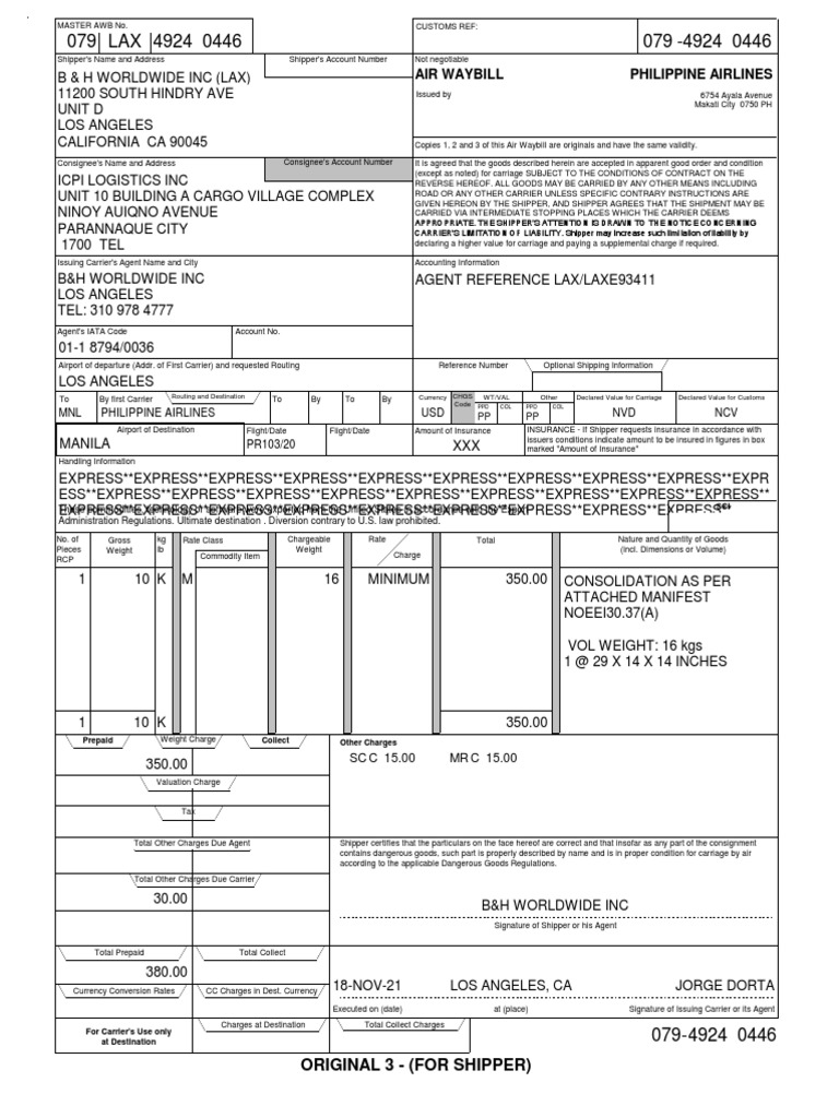 Air Waybill Philippine Airlines: Code: Accounting Info: City ...