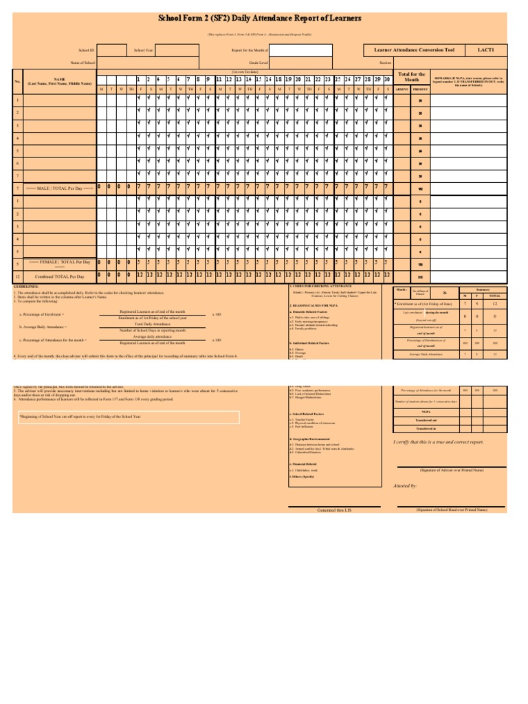 School Form 2 (SF2) Daily Attendance Report of Learners | PDF | Human ...