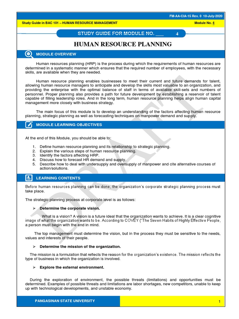 Human Resource Planning: Study Guide For Module No. - 4 | PDF | Human ...