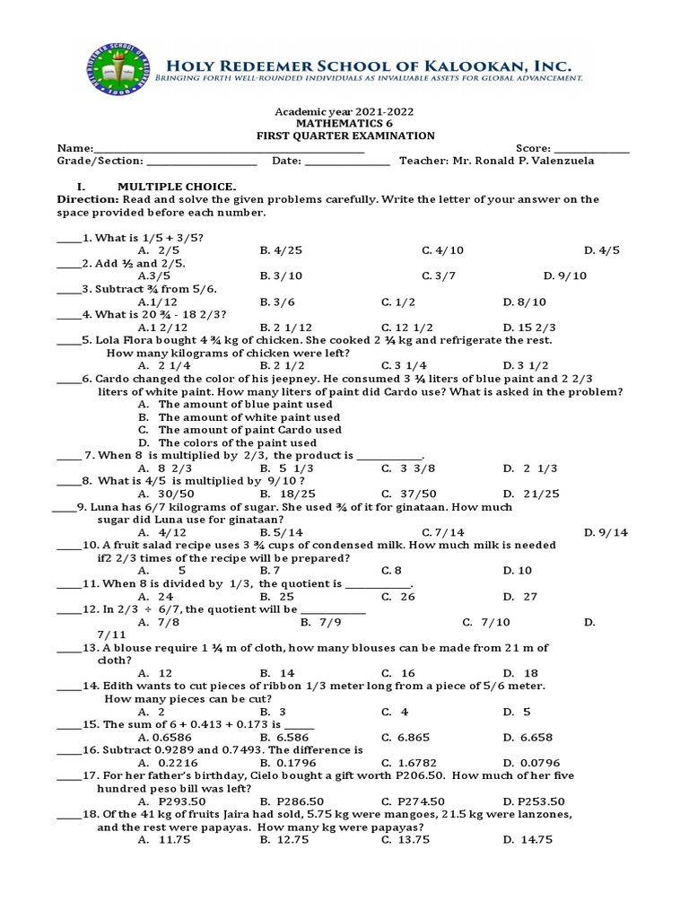 I. Multiple Choice. Direction: Read and Solve The Given Problems ...