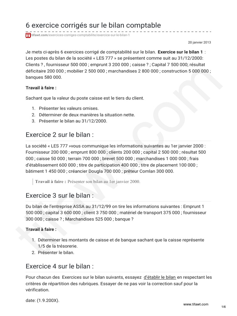 Exercices corrigés sur le bilan comptable | PDF | Bilan comptable ...