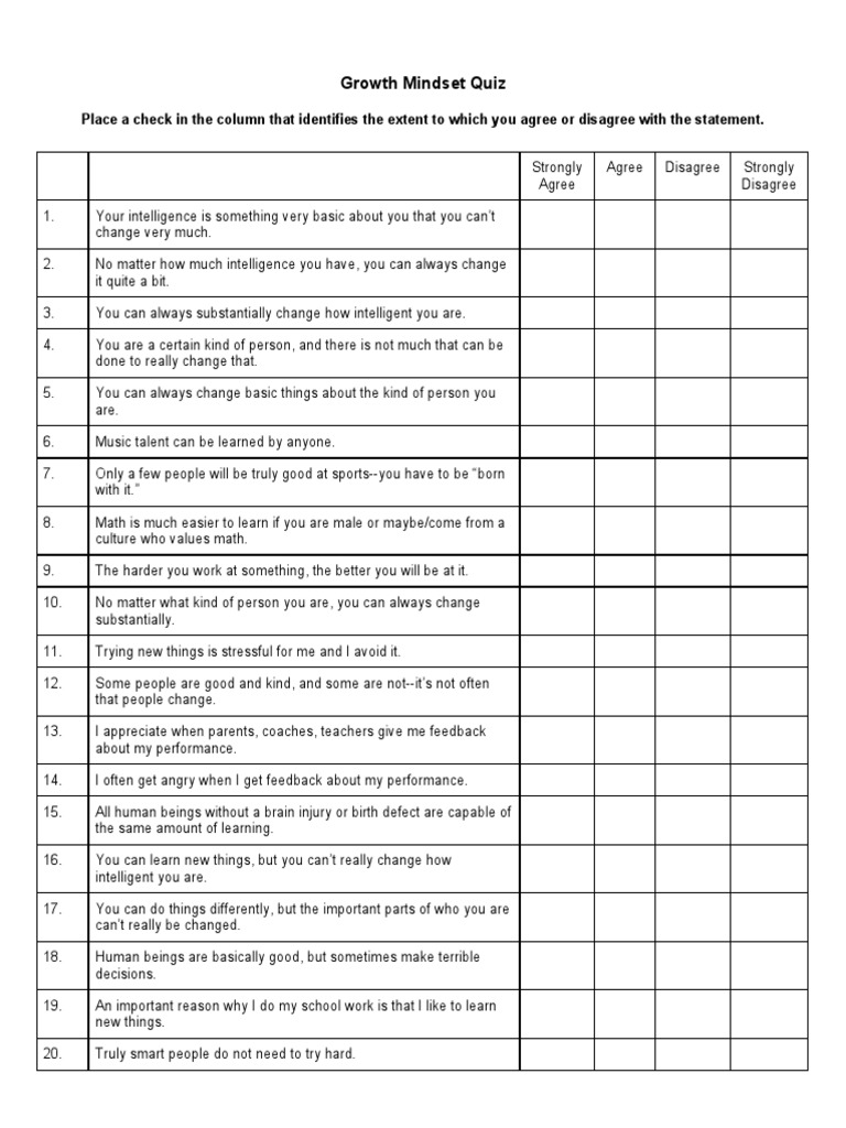 Growth Mindset Quiz | PDF | Mindset | Psychological Concepts