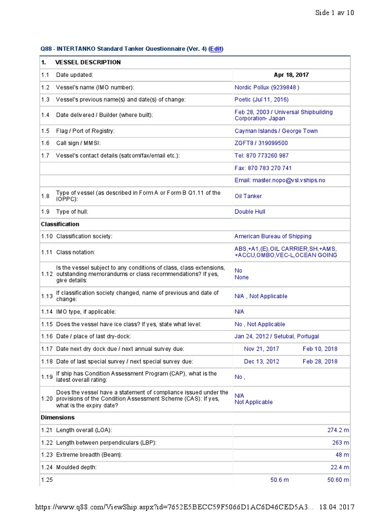 Vessel Description Apr 18, 2017: Q88 - INTERTANKO Standard Tanker ...