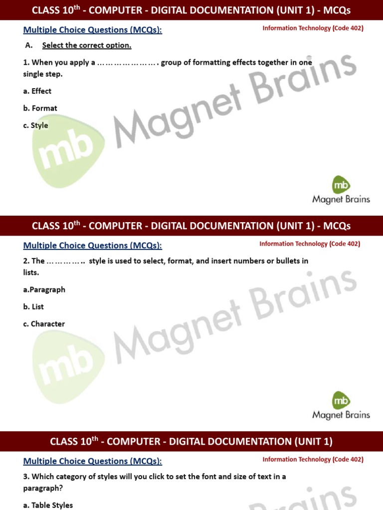 Class 10 Digital Documentation MCQs | PDF | Document | Multiple Choice