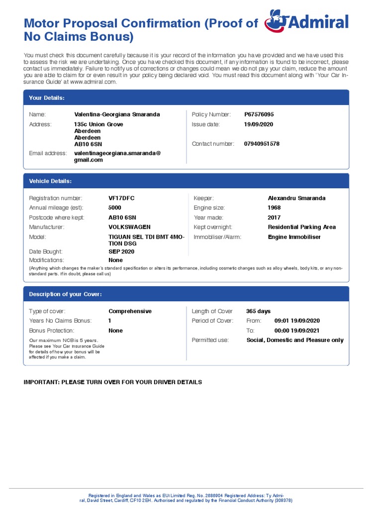 Motor Proposal Confirmation | PDF | Vehicle Insurance | Insurance