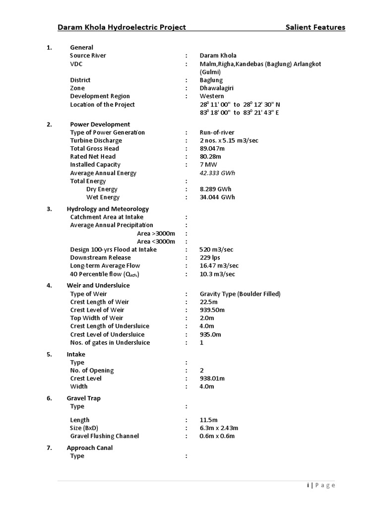 Daram Khola Hydroelectric Project Salient Features: 1. General | PDF ...