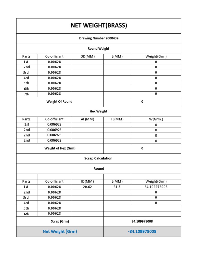 Brass Net Weight Calculation Report | PDF