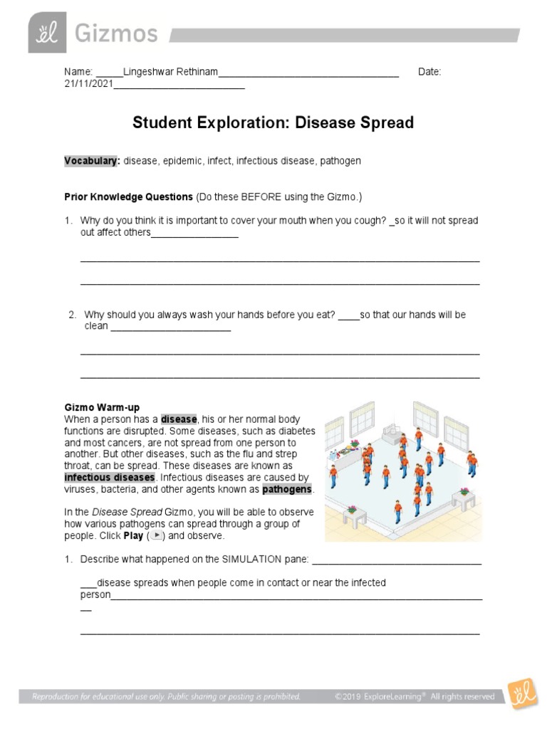 Student Exploration: Disease Spread: Vocabulary: Disease, Epidemic, Infect, Infectious Disease ...