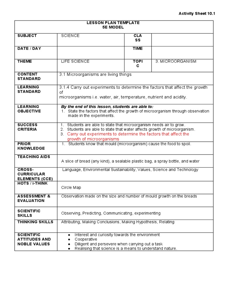 Activity Sheet 10.1 Lesson Plan Template - 5E Model | PDF | Lesson Plan ...