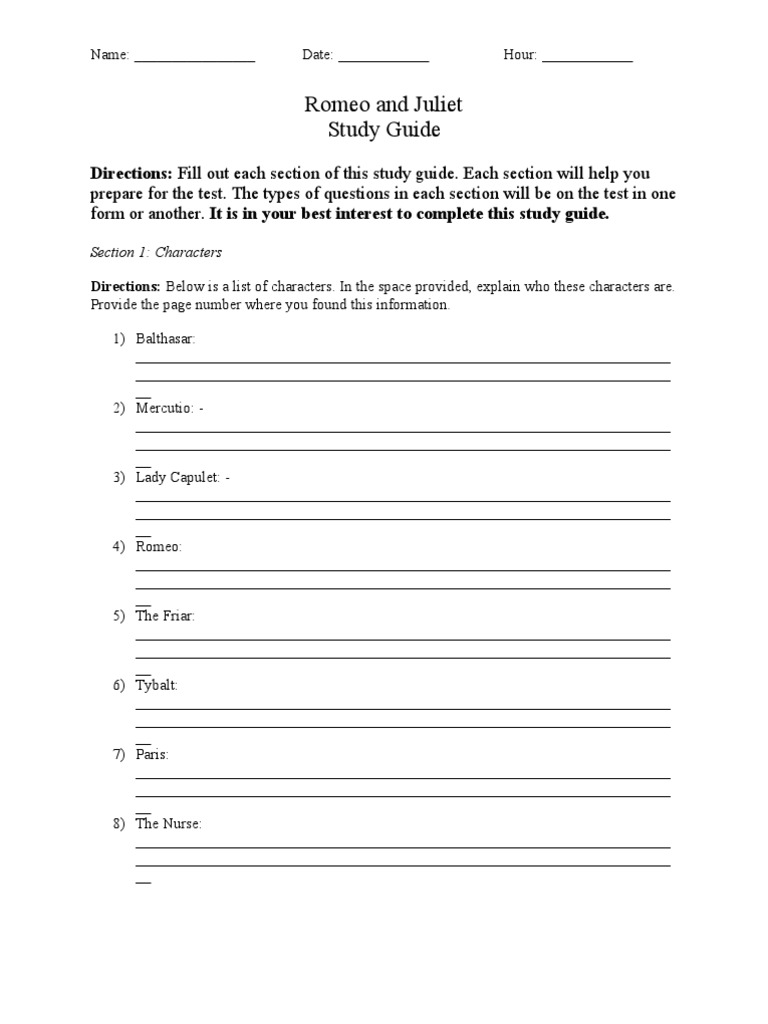 Romeo and Juliet Study Guide | PDF | Characters In Romeo And Juliet ...