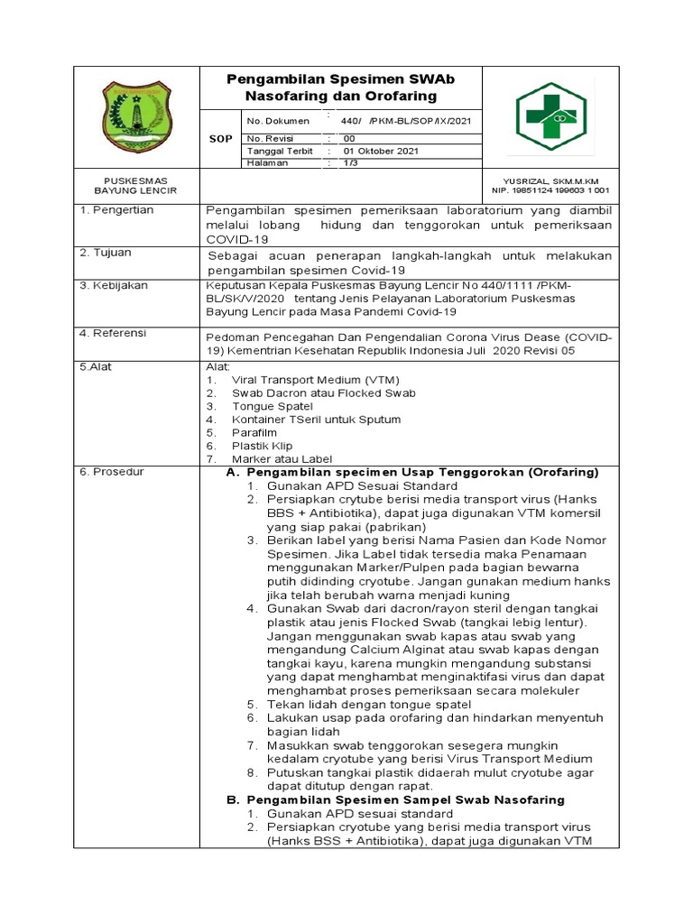 (Sop) Baru Pengambilan Spesimen SWAb Nasofaring Dan Orofaring | PDF ...