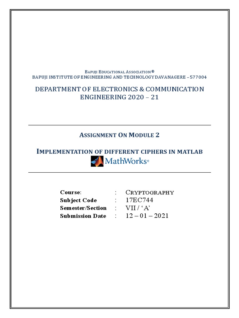 Encryption And Decryption In Matlab Pdf Key Cryptography Cipher 