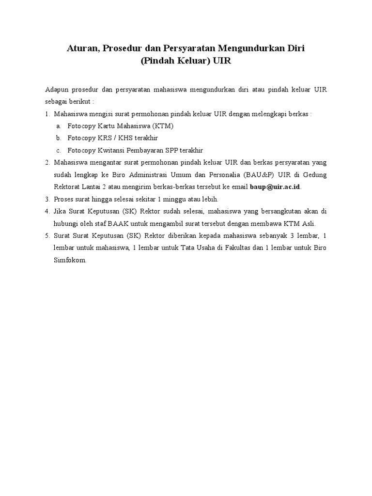 Aturan Dan Prosedur Pindah Keluar UIR | PDF