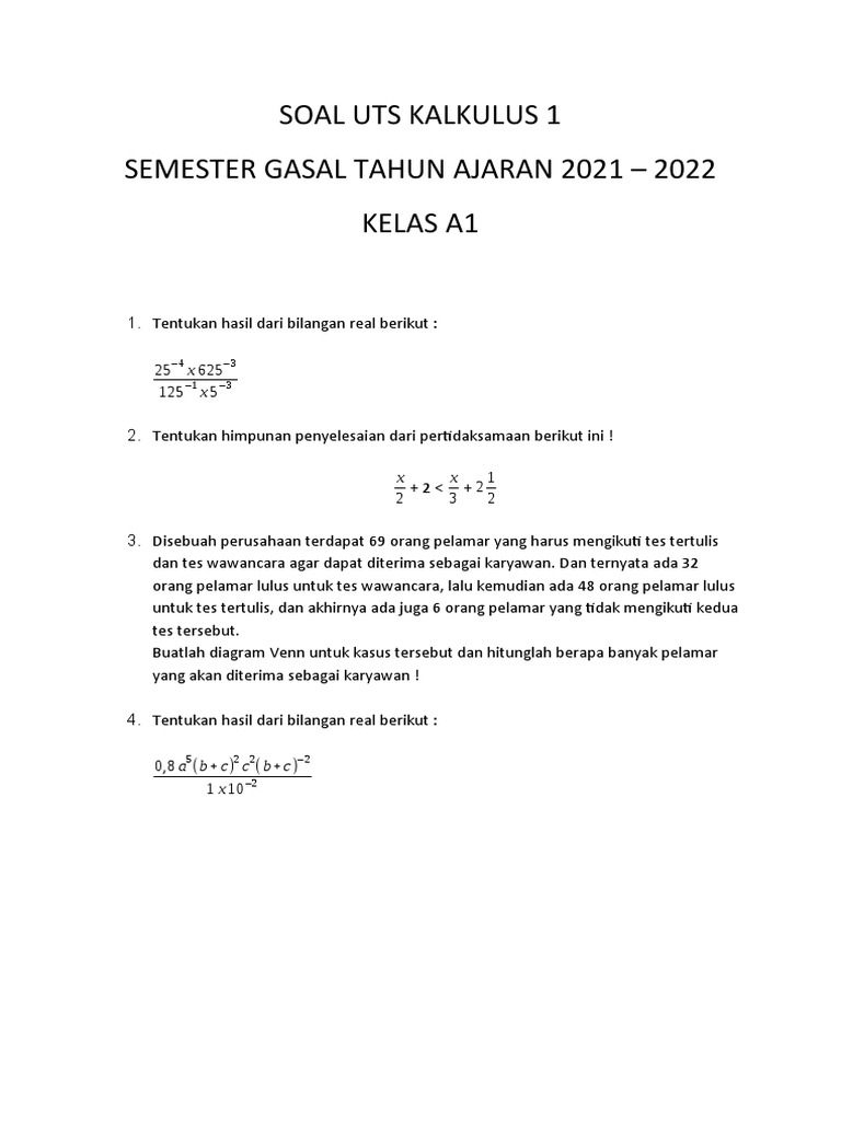 SOAL UTS KALKULUS 1 Kelas A1 Sem. Gasal 2021-2022 | PDF