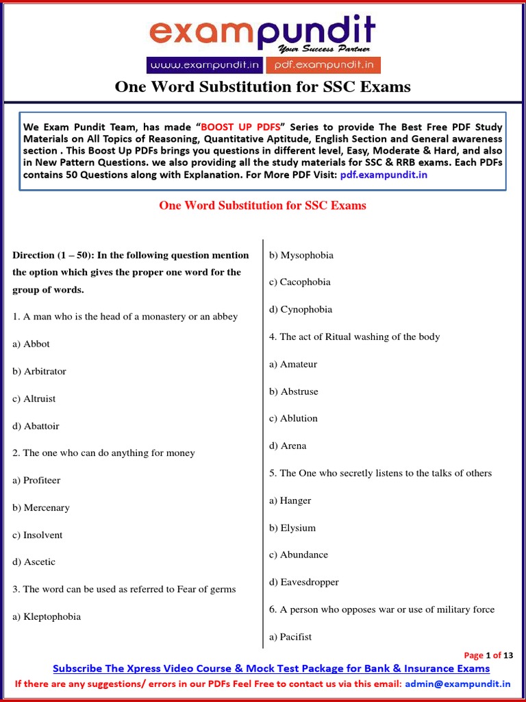 One Word Substitution Questions PDF For SSC Exams | PDF | Numismatics ...