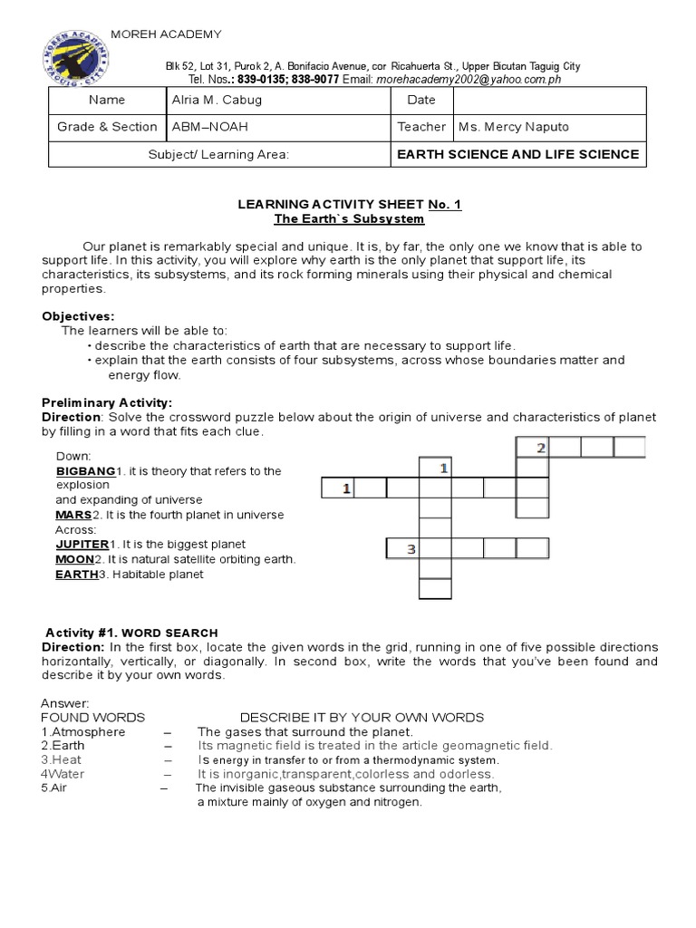 Earth Science Learning Activity Sheet | PDF | Earth | Planets