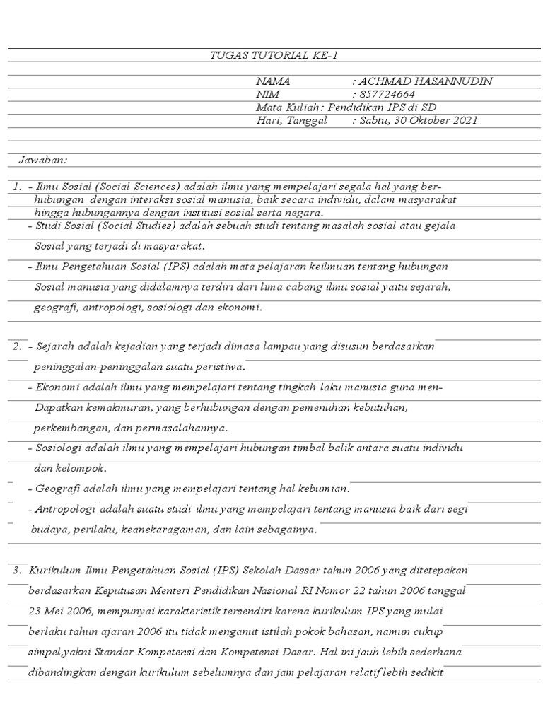 Tugas Tutorial 1 Pendidikan Ips Di SD | PDF