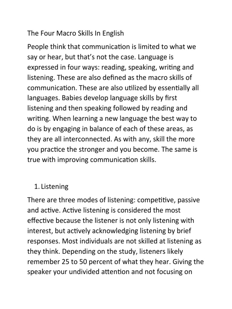 The Four Macro Skills In English Download Free Pdf Language