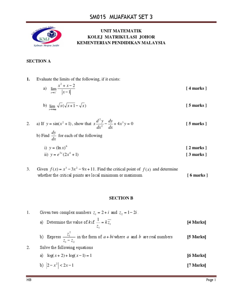 SM015 Matrikulasi Math Set 3 Questions | PDF | Volume | Mathematics