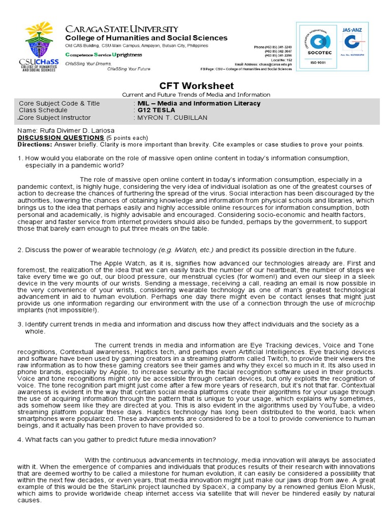 CFT Worksheet: Current and Future Trends of Media and Information ...