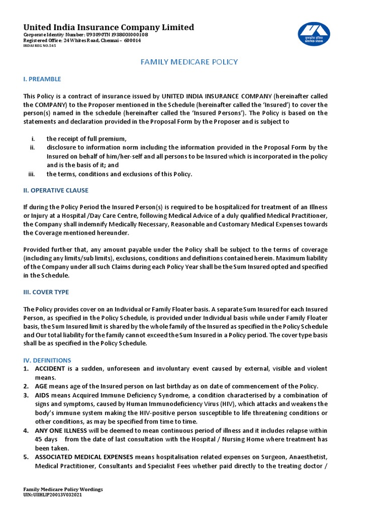 United India Family Medicare Policy Details | PDF | Hospital | Insurance