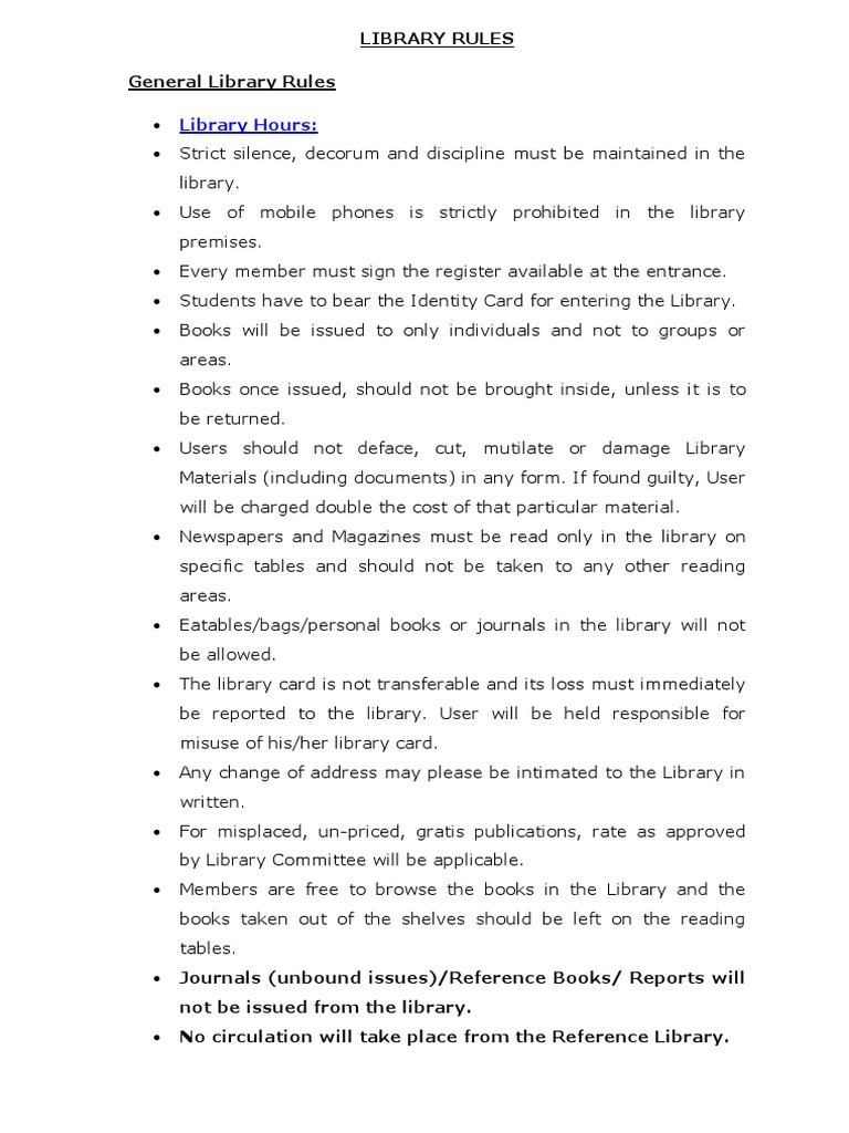 Library Hours:: Library Rules General Library Rules | PDF | Libraries ...