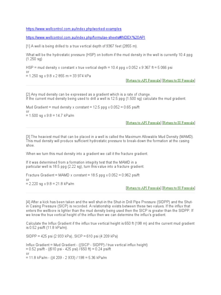 API Calculations, Influx Gradient, Well Control Calculations | PDF ...