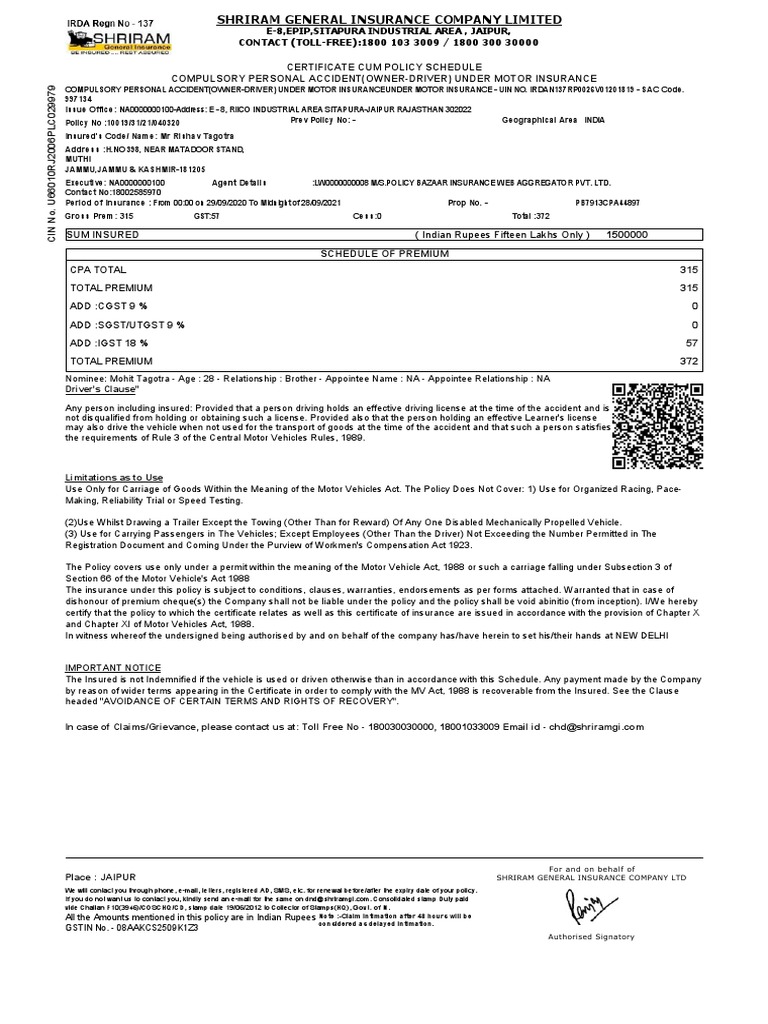 ShriRam PA Cover Scooty Insurance | PDF | Vehicles | Transport