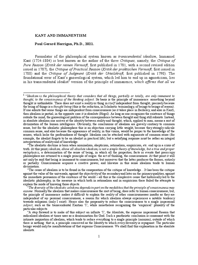 Kant and Immanentism | PDF | Idealism | Immanuel Kant