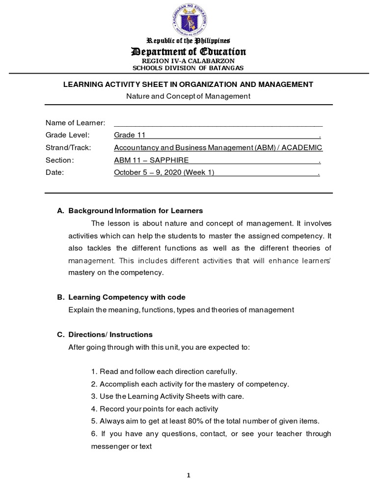 Activity Sheet Quarter 1 Week 1 | PDF | Organizational Behavior ...