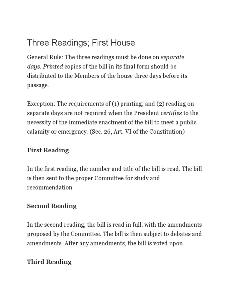 Three Readings First House: Days. Printed Copies of The Bill in Its ...