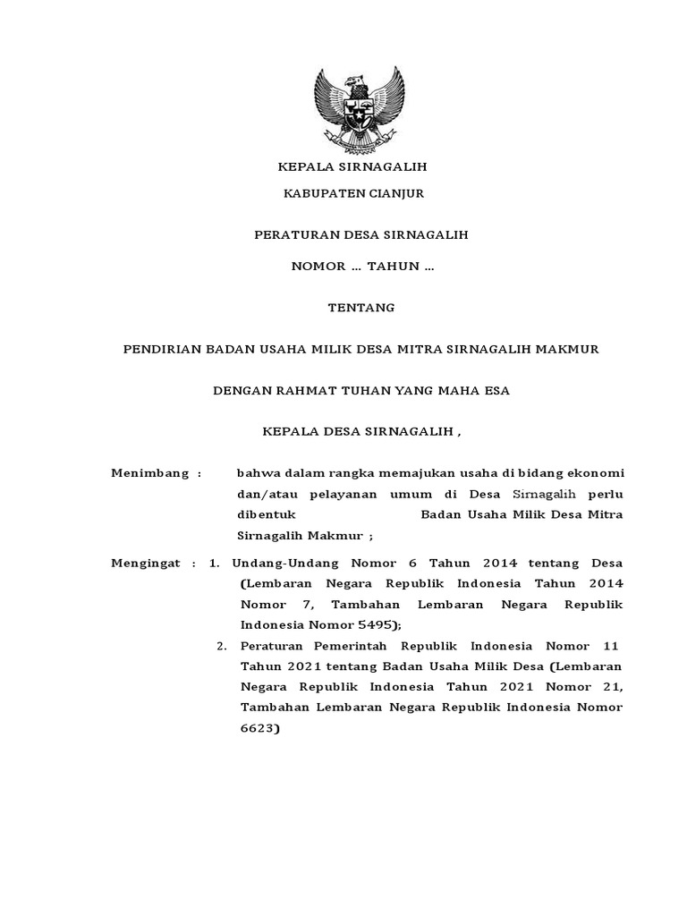 Format Peraturan Desa Tentang Pendiran Bum Desa Dan Pengesahan Anggaran ...