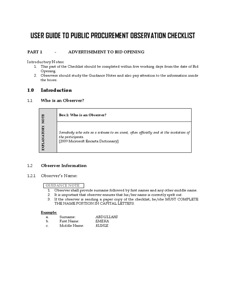 User Guide To Public Procurement Observation Checklist | PDF ...