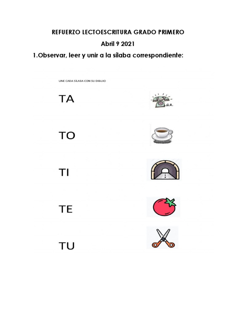 REFUERZO LECTOESCRITURA GRADO PRIMERO Abril 9 | PDF | Artes del ...