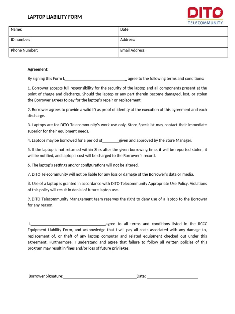 Laptop Liability Form | PDF | Laptop | Legal Liability