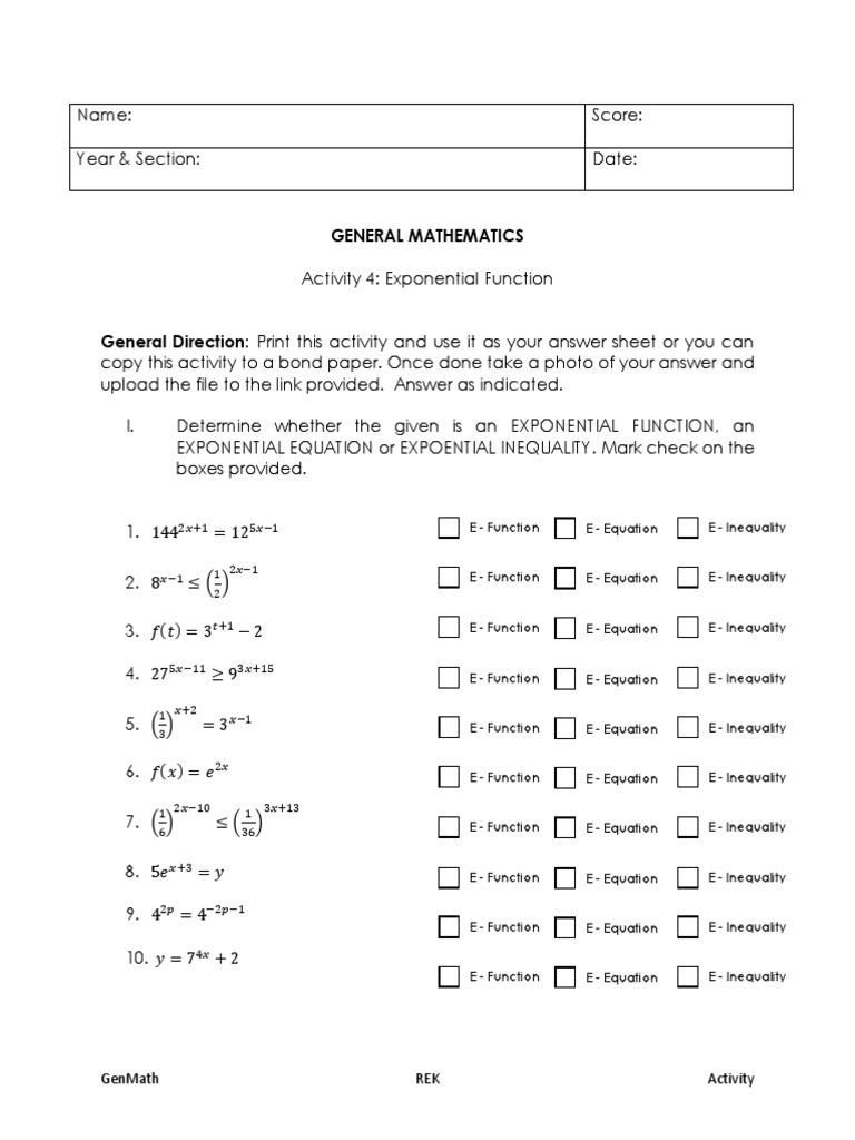 Exponential Functions Activity Sheet | PDF | Equations | Exponential ...