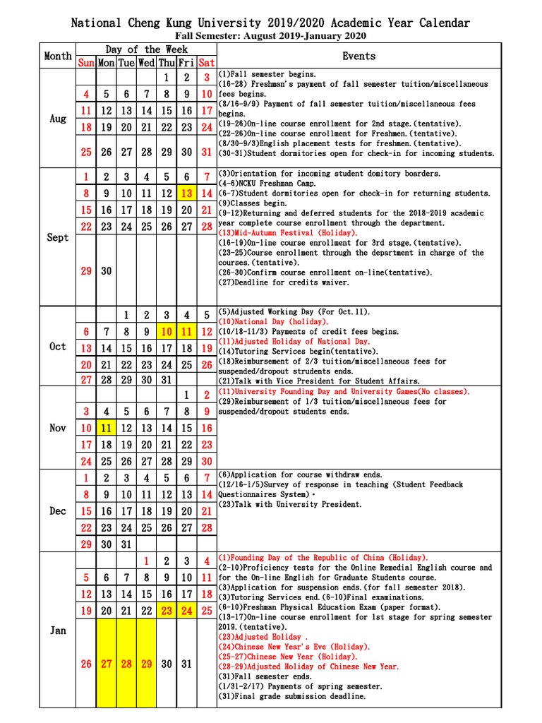National Cheng Kung University 2019/2020 Academic Year Calendar | PDF ...