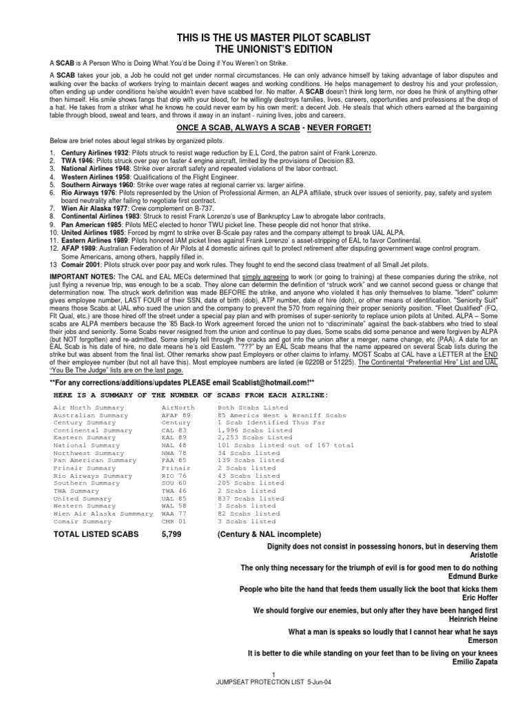US Master Pilot Scab List | PDF | Strike Action | Airlines