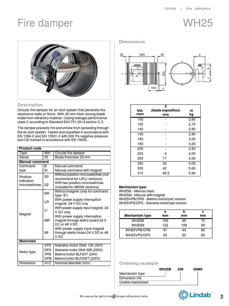 Fire Damper WH25: Dimensions | PDF | Duct (Flow) | Drywall