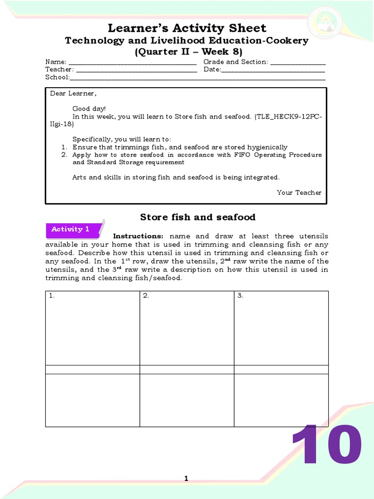Learner's Activity Sheet: Technology and Livelihood Education-Cookery ...