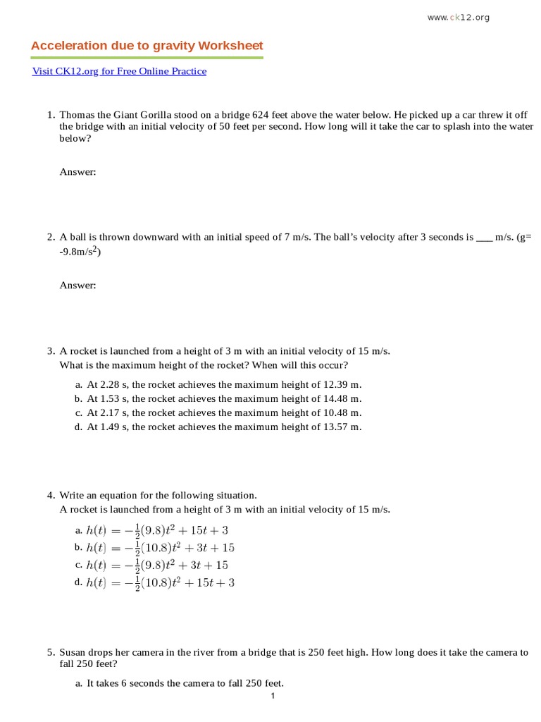 Acceleration Due To Gravity Worksheet | PDF | Rocket | Acceleration