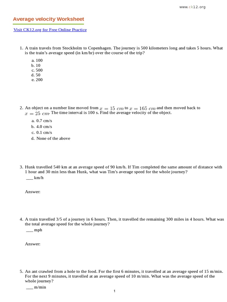 Average Velocity Worksheet | PDF | Speed | Physical Phenomena